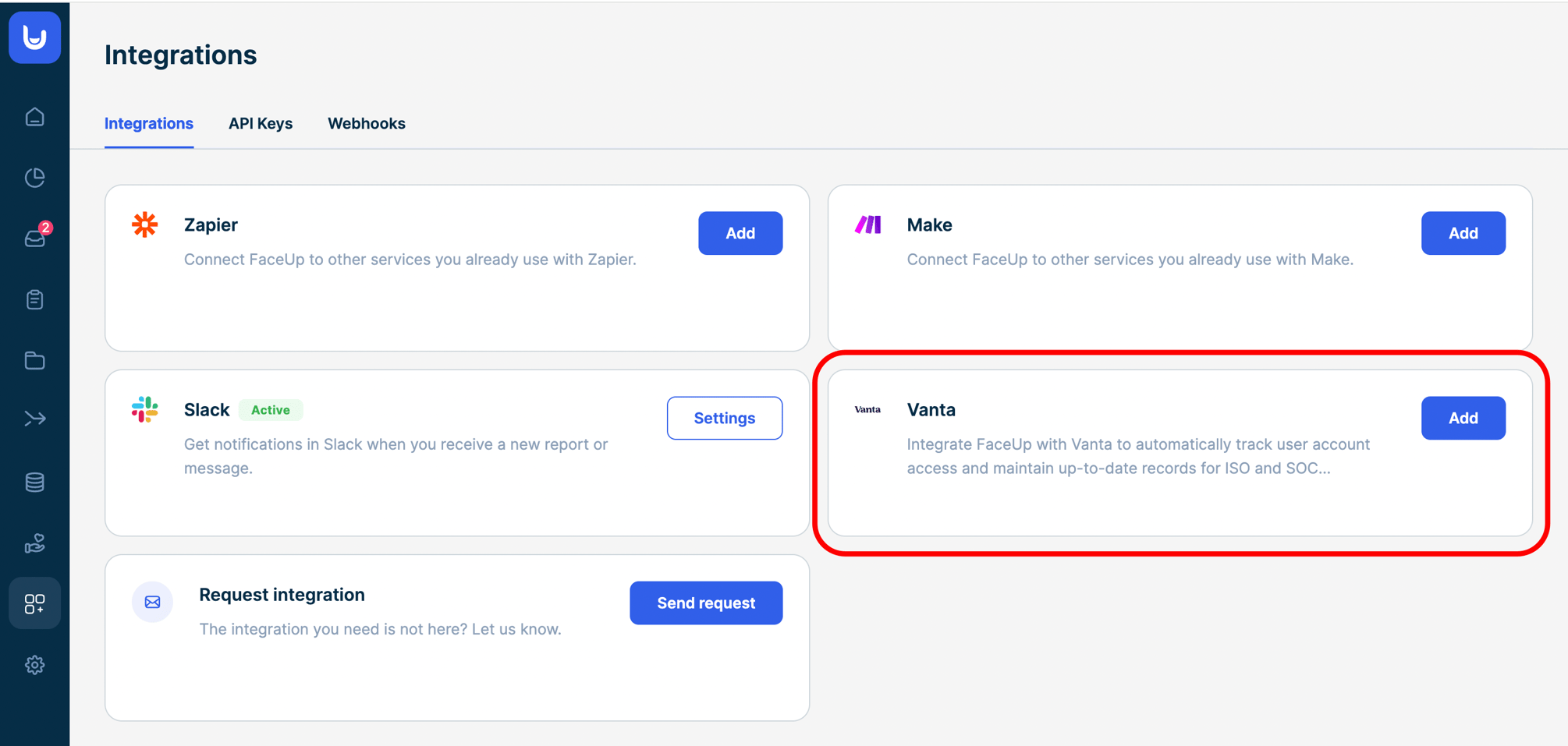 FaceUp integration with Vanta
